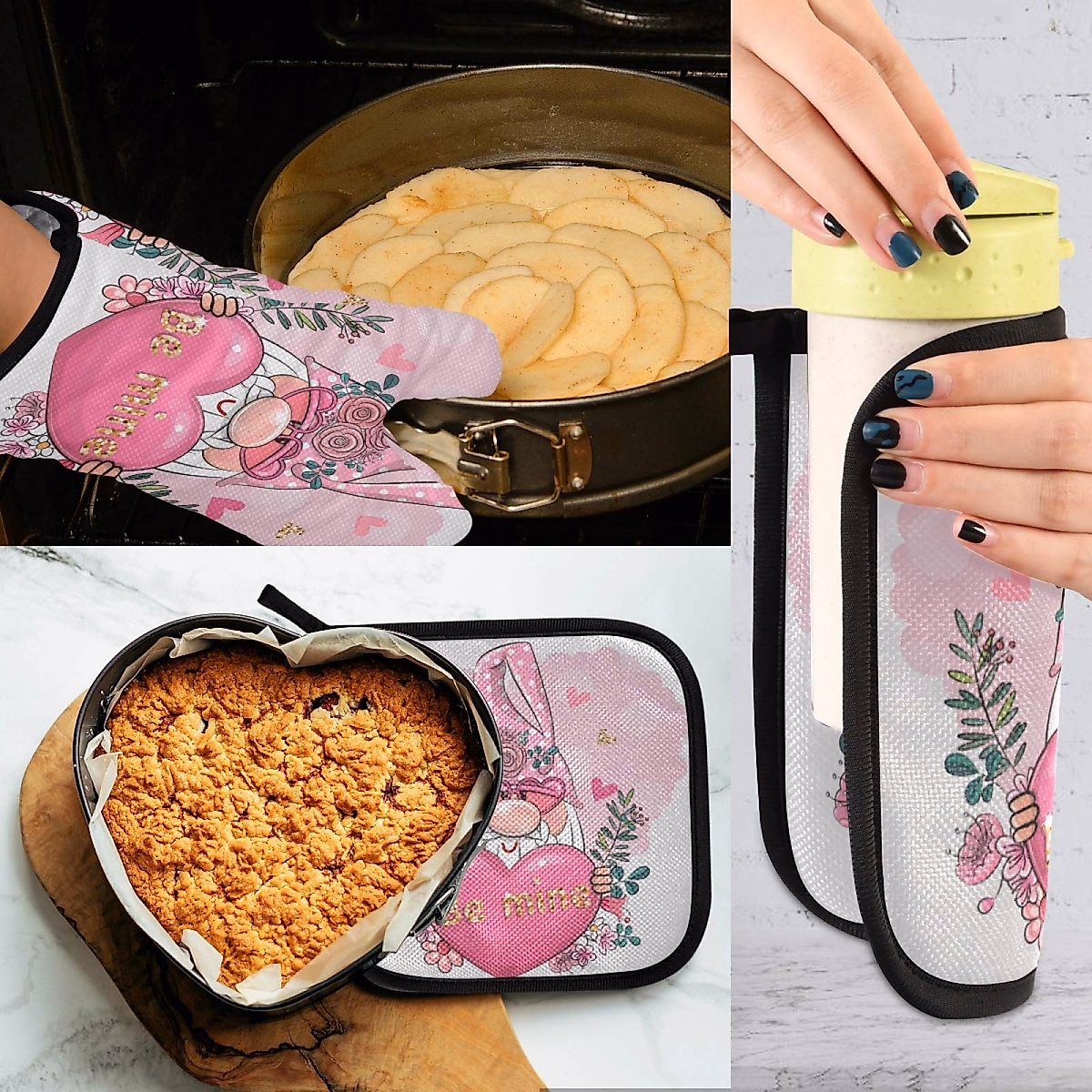 Be Mine Gnome Oven Mitts & Pot Holders 2pcs Happy Valentine's Day Kitchen Heat Resistant Non-Slip Potholders Set for Cooking Baking BBQ,Wedding Gifts