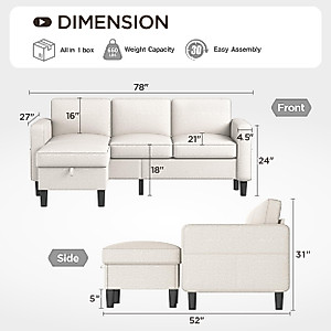 Yattem 78'' Convertible Sectional Sofa Couch：Beige L-Shaped Couches for Living Room with Reversible Chaise—3-Seat Modern Linen Sectional Couches for Living Room/Apartment/Studio/Small Space