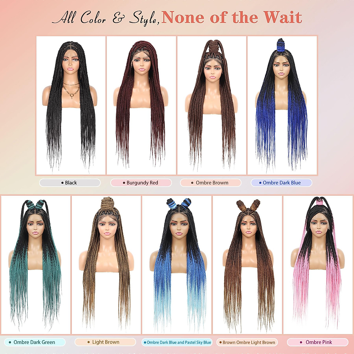 Lexqui 36'' Box Braided Wigs for Women Braided Lace Wigs Triangle Knotless Lace Front Braided Wig Human Hair Blended Full Double Lace Braided wig with Baby Hair Braid Lace Front Wig