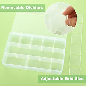 6 Pack Large 15 Grids Plastic Organizer Box with Dividers, 15 Compartment Organizer, Clear Tackle Box Organizers and Craft Storage with Adjustable Removable Divider, Fishing Organizer Box for Art DIY