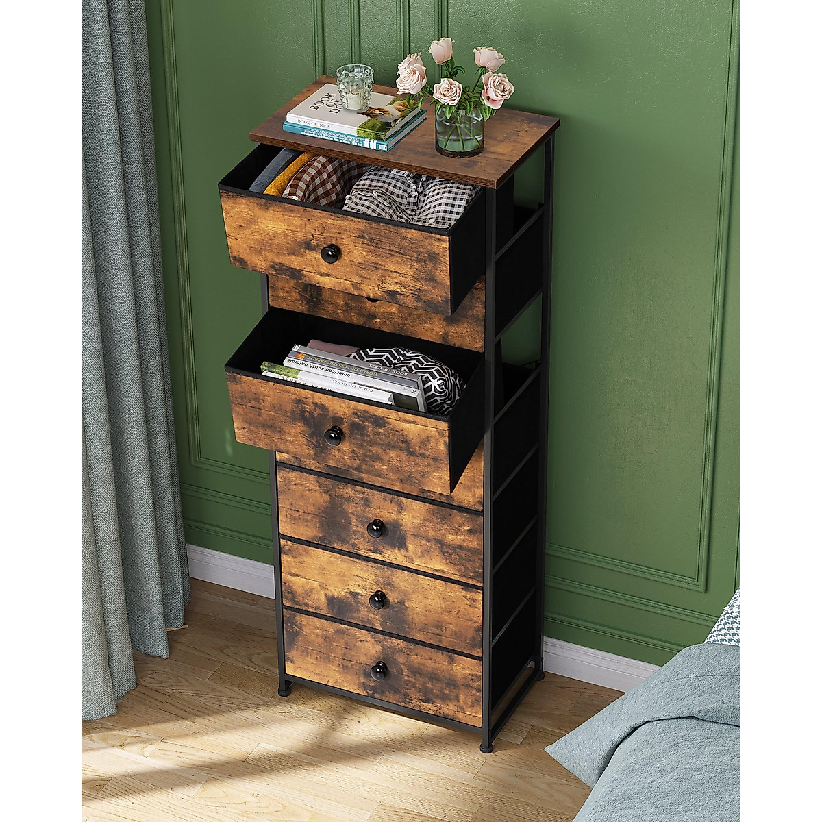 Crestlive Products Tall Dresser, 7-Drawer Fabric Storage Tower, Chests of Drawers - Vertical Organizer Unit for Bedroom, Hallway, Entryway, Nursery, Closets -Wood Top & Handles (Rustic Brown)