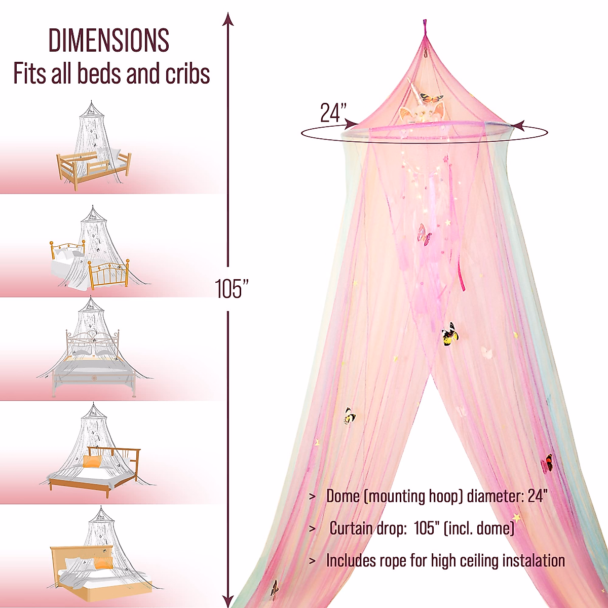 Kenyon Creek Rainbow Princess Bed Canopy with Lights for Girls Room, Unicorn Dream Catcher