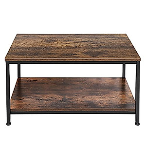 SUPER DEAL 2-Tier Industrial Coffee Table with Storage Shelf for Small Apartment Living Room, Rectangle Wood and Stable Metal TV Stand Side End Table, Rustic Brown