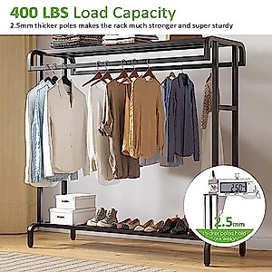 HM&DX Clothes Rack with Wheels,Double Rods Clothing Rack for Hanging Clothes,Heavy Duty Clothes Garment Racks,Industrial Pipe Clothes Rack,Metal Rolling Clothing Racks Organizer for Clothes Shoes