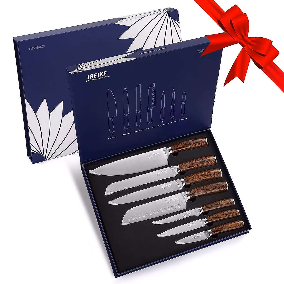 IBEIKE 7-Piece Kitchen Knife Set, Professional Japanese Kitchen Knives, High Carbon Stainless Steel Sharp Blades with Well Balanced and Ergonomic Wood Handle for Chef Knife Set