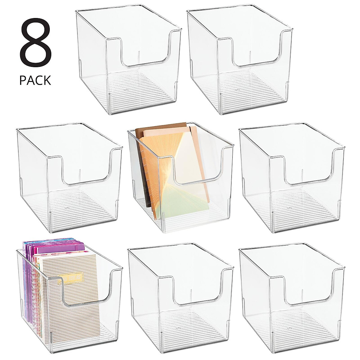 mDesign Modern Plastic Open Front Dip Storage Organizer Bin Basket for Home Office Organization - Shelf, Cubby, Cabinet, Cupboard, and Closet Organizing Decor - Ligne Collection - 8 Pack - Clear