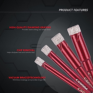 CSOOM Professional Grade Dry Diamond Drill Bit Set - 5 Pieces Shank Sizes of 1/4"*3, 5/16", 3/8", and 1/2" for Granite, Ceramic, Marble, Tile, Glass, and Hard Materials (Not for Wood)