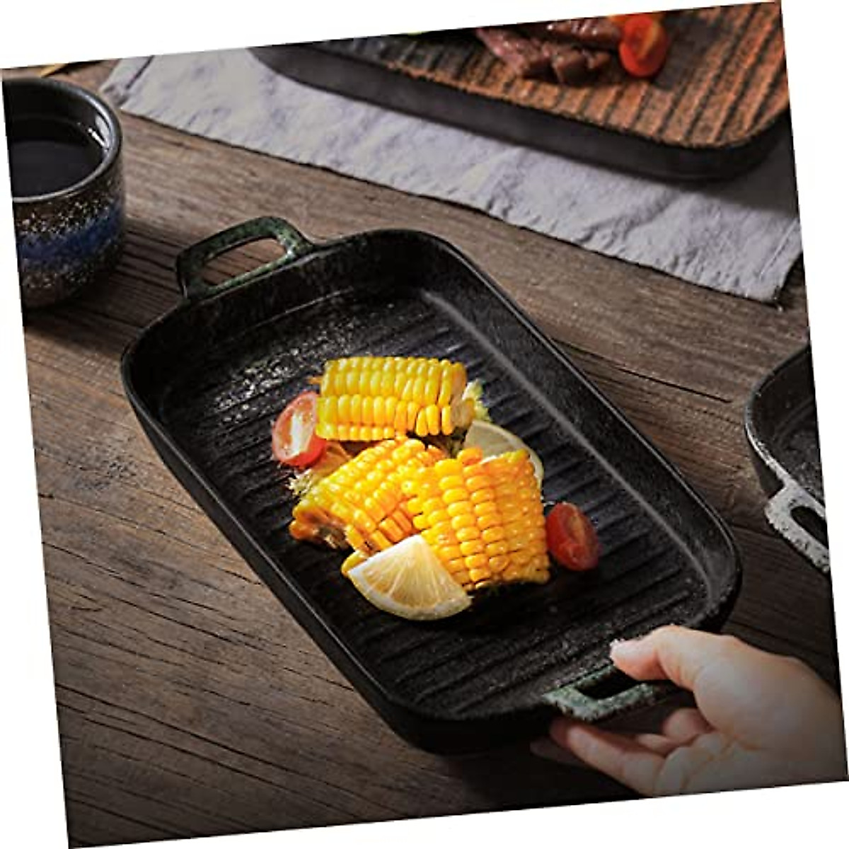 Yardwe 1pc Fire Earth BBQ Plate Cake Tray Outdoor Griddle Grill Square Dish Set Square Baking Tray Camping Pot Roasting Pan Roasting Plate with Handles Household Kitchenware Ceramic Plate