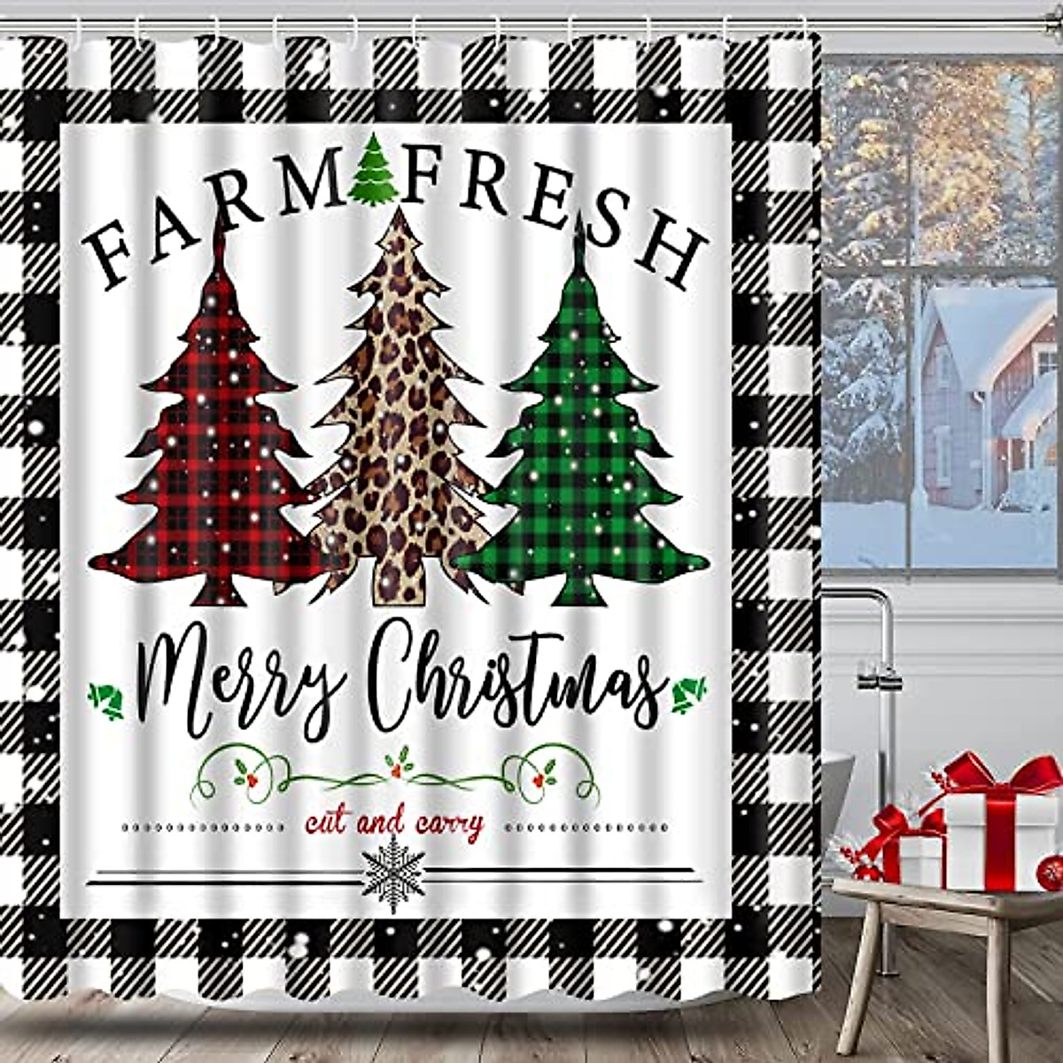 Likiyol 4 Pcs Merry Christmas Shower Curtain Sets with Non-Slip Rugs, Toilet Lid Cover and Bath Mat, Buffalo Plaid Shower Curtain with 12 Hooks, Winter Holiday Tree Shower Curtain