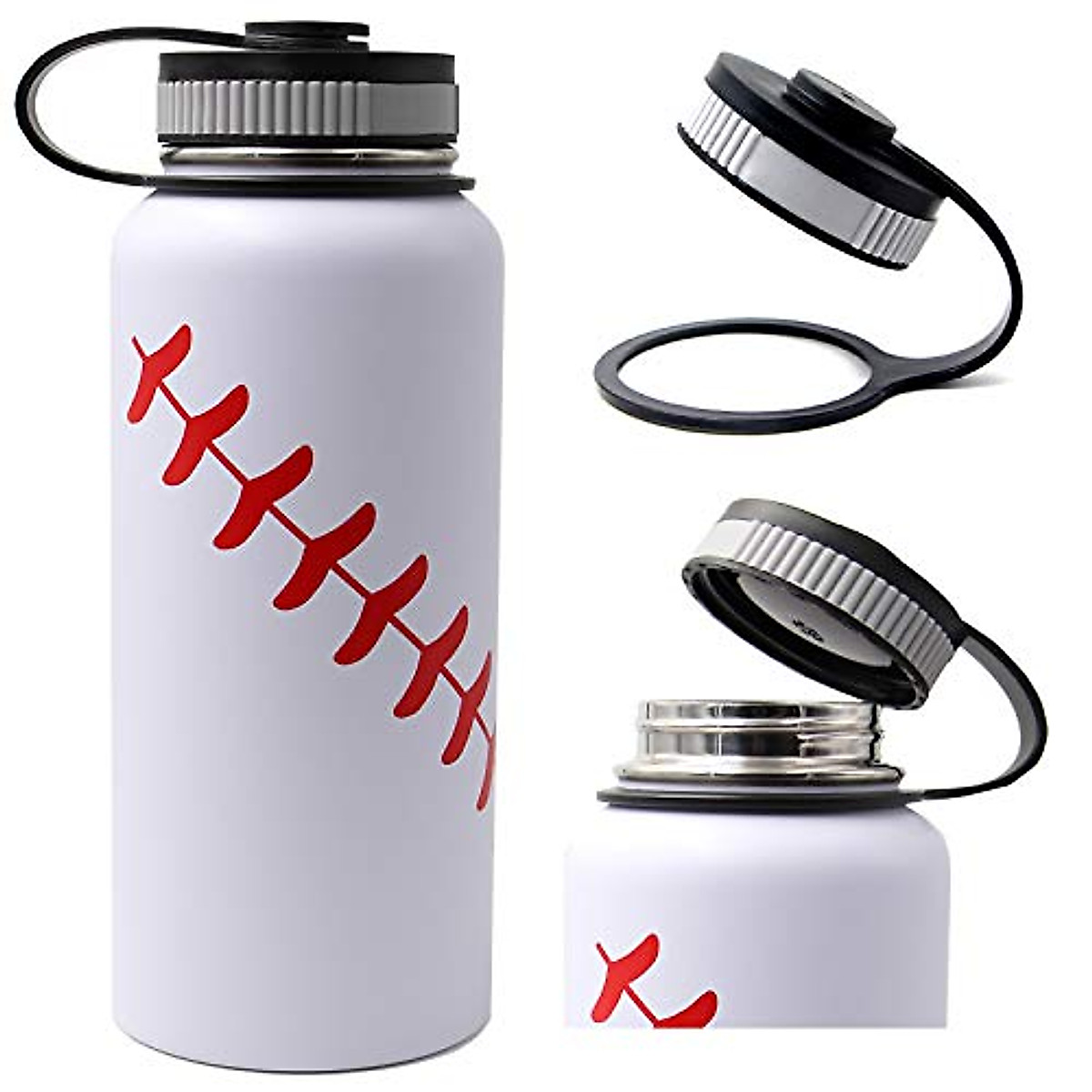 32 oz Baseball Softball Water Bottle, Wide Mouth Sports Flask Metal Travel Tumbler with 2 Lids 18/8 Stainless Steel Double Wall Vacuum Insulated (32oz, White baseball)