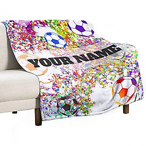 Personalized Soccer Blanket Gifts with Name - 50"x60" Sports Throw Blanket for Adults, Kids - Colorful Soft Plush Blankets for Bed, Couch, Sofa
