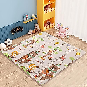 GZZ Foldable Baby Play Mat,Reversible, Waterproof, Anti-Slip Floor Playing Mats for Infants, Babies, Toddlers Indoor/Outdoor (Cute Bear Tall Foot+Animal Music Festival, 79"*71"*0.4")