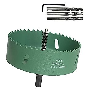 4-1/4 Inch Hole Saw, HSS Bi-Metal Hole Saw Kit, Cutting Dia 108mm Hole Saw Set, 36mm Cut Depth, 3 Drills Replacements Hole Saw Kit for Wood, Plasterboard, PVC, Drywall, MDF