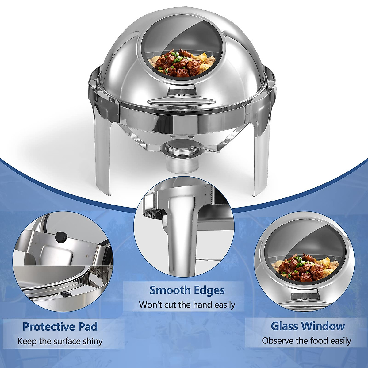 Amhier 6 Qt Roll Top Chafing Dish Buffet Set, Stainless Steel Chafing Dish with Visible Glass Window for Catering, Parties, Hotels and Weddings