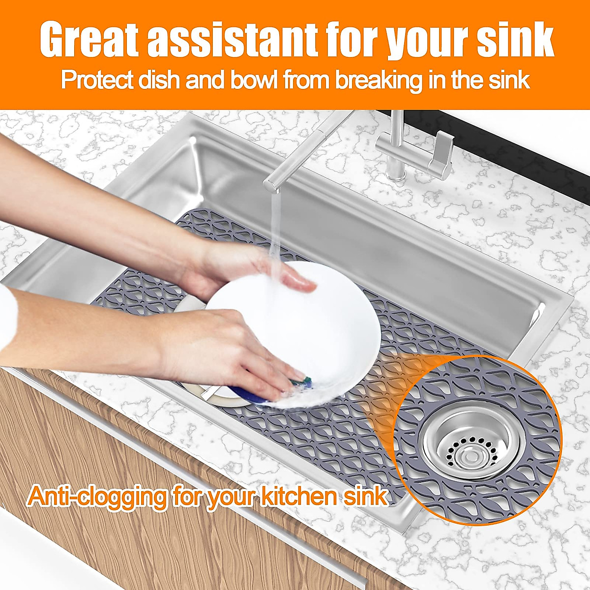 JUSTOGO Sink Protectors for Kitchen Sink 27.5'' x 15.7'', Kitchen Sink Mats Heat Resistant Silicone Mat for Stainless Steel Sink, Sink Mats for Bottom of Kitchen Sink, Rear Drain