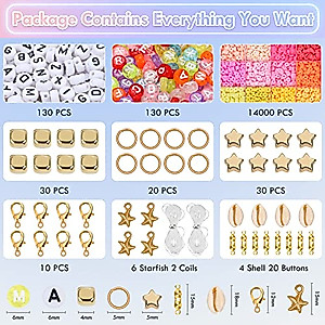 SJZWSD 14400pcs Clay Beads Bracelet Making Kit，56 Colors Flat Round Polymer Clay Beads Heishi Beads ，300pcs Letters Beads for DIY Jewelry Bracelets Necklace Making