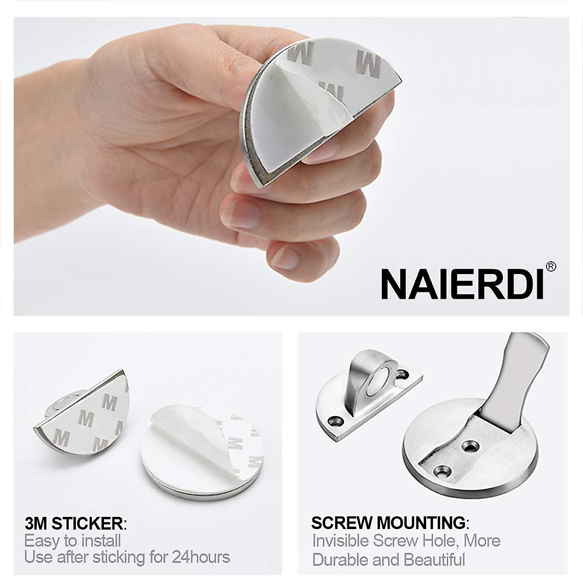 NAIERDI 2 Pack 304 Stainless Steel Door Stoppers, Magnetic Door Stop, 3M Double-Sided Adhesive Tape, No Drilling, Door Stop Wall Protector, Office Door Catch, Stop Door