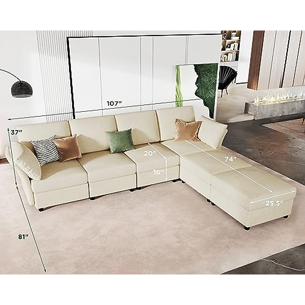 VanAcc Sectional Couch 6 Seats, Modular Sectional Sofa, Convertible Sofa in U Shape with Ottomans, Reversible Sofa Couch for Living Room, Beige Chenille