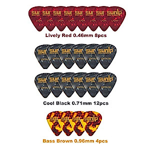 Premium Guitar Picks 24pcs Thin Medium Heavy Gauge Variety Pack with Picks Holder Plastic Picks Box SUNLP Celluloid Guitar Picks for Acoustic Classical Electric Guitar Bass 0.46mm & 0.71mm & 0.96mm