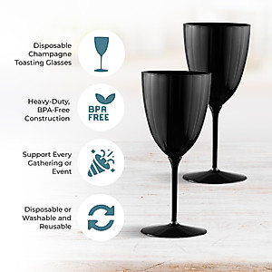 Posh Setting 7oz, Black Plastic Wine Glasses Hard Plastic Disposable Stemware, Drinking Cups with stem for Toasting, Weddings parties Plastic Wine cups for Home [8 Pack]