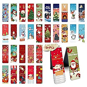 30 Pieces Christmas Magnetic Bookmarks Tags, NDLT Cute Magnet Page Clips Bookmark with Santa Snowman Reindeer Christmas Tree Pattern for Women Men Kids Book Lovers, Xmas New Year Gift Hanging Tags