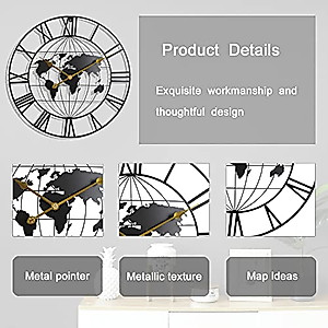 Large World Map Wall Clock, Metal Minimalist Modern Clock, Round Silent Non-Ticking Battery Operated Wall Clocks for Living Room/Home/Kitchen/Bedroom/Office/School Decor (24 Inch)