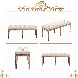 Bonzy Home Tufted Extra-Long Entryway Bench, 47” French Vintage Bedroom Benches Upholstered Dining Benches, Fabric End of Bed Bench for Bedroom Dining Room Living Room Entryway, Beige