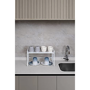 Nxconsu 2Pack Cabinet Shelf Organizer Storage Rack Shelf Riser for Kitchen Pantry Cupboard Bathroom Under Sink Counter Countertop Desk Space Saver Freestanding Heavy Duty Nonslip Leak White