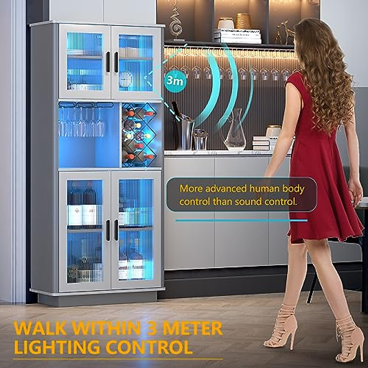 LVSOMT LED Wine Bar Cabinets with Removable Wine Rack, Bar Cabinets for Liquor with Light Motion Sensor, Kitchen Cabinet Storage for Dinning Room, Living Room (Dark Grey + Light Grey)