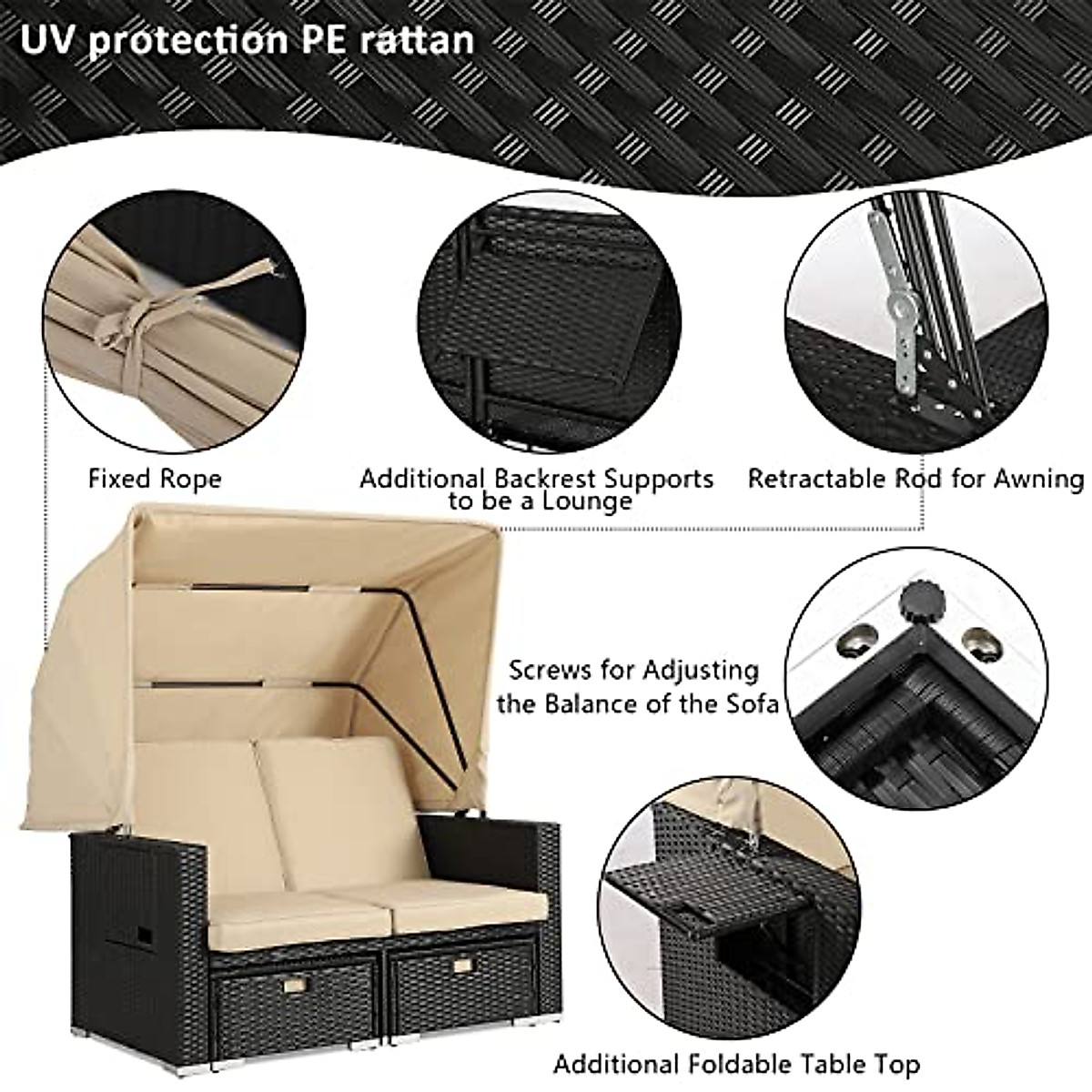 LEISU Outdoor Patio Furniture Sunbed with Retractable Canopy, PE Wicker Rattan Rectangle Sectional Sofa Set Clamshell Sectional Seating with Washable Cushions for Lawn Garden Backyard Poolside (Khaki)