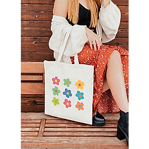 Haukea Canvas Tote Bag for Women Aesthetic Cute Flower Tote Bags Book Tote Beach Bags Reusable Grocery Bags