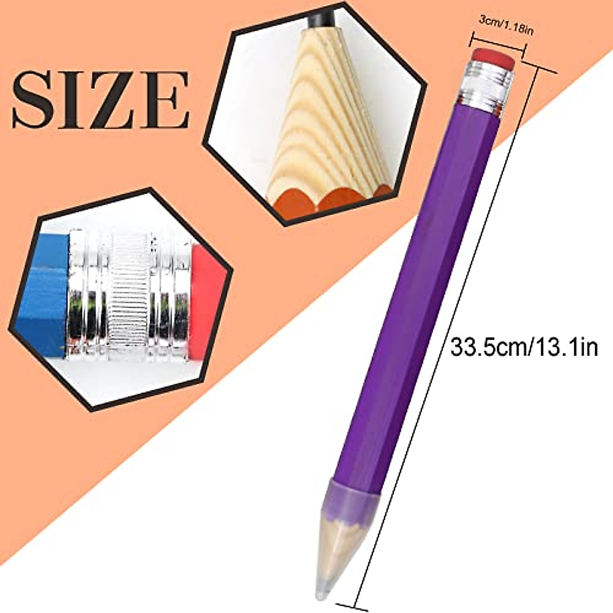 Bercoor 5 Pieces 13.1 Inch Wooden Jumbo Pencils for Props Gifts Decor, Fuuny Big Novelty Pencil with Eraser and Cap Wood Giant Pencil for Schools and Home Kids Writing