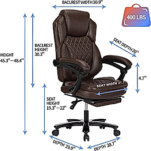 Comermax Big and Tall Home Office Desk Chairs for 400lb Heavy People, Ergonomic Reclining Office Chair with Footrest and Wide Seat, Plus Size Managerial Executive Chairs (Coffee Brown)