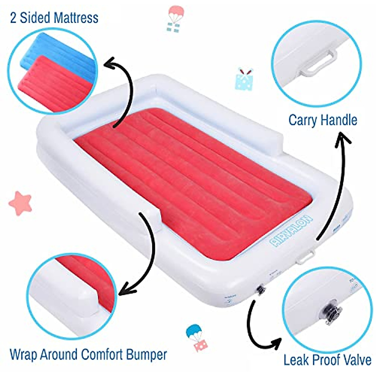 Airvalon Inflatable Toddler Travel Bed with Fitted Bed Sheet + Pump | Portable Toddler Bed for Kids | Toddler Air Mattress | Kids Air Mattress - Blue/Pink