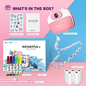 Dragon Touch Instant Print Camera for Kids, Digital Camera for Kids with Print Paper, Kids Camera with 1080P 2 Inch Color Screen, Selfie Video Camera for Kids 3-12 Years Old (Pink)