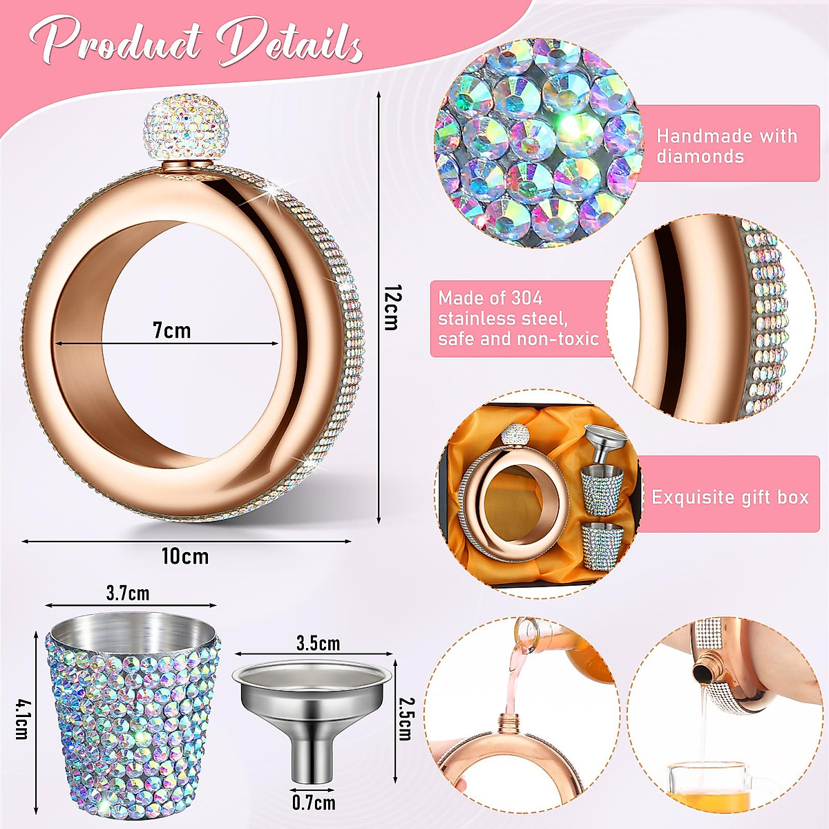 Tioncy 2 Set Rhinestone Bracelet 3.5 oz 304 Stainless Steel Bling Bangle Set with 2 Rhinestone Glass and Funnel for Women Girls Bachelorette Birthday Party Gift(Rose Gold)