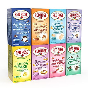 Red Rose Sweet Temptations Dessert Tea Variety Pack, Zero Sugar, Caffeine-Free Flavored Delicious Beverage Herbal Tea, 18 Count Pack of 8 Fruit Naturally Flavored Black Tea Gift Set