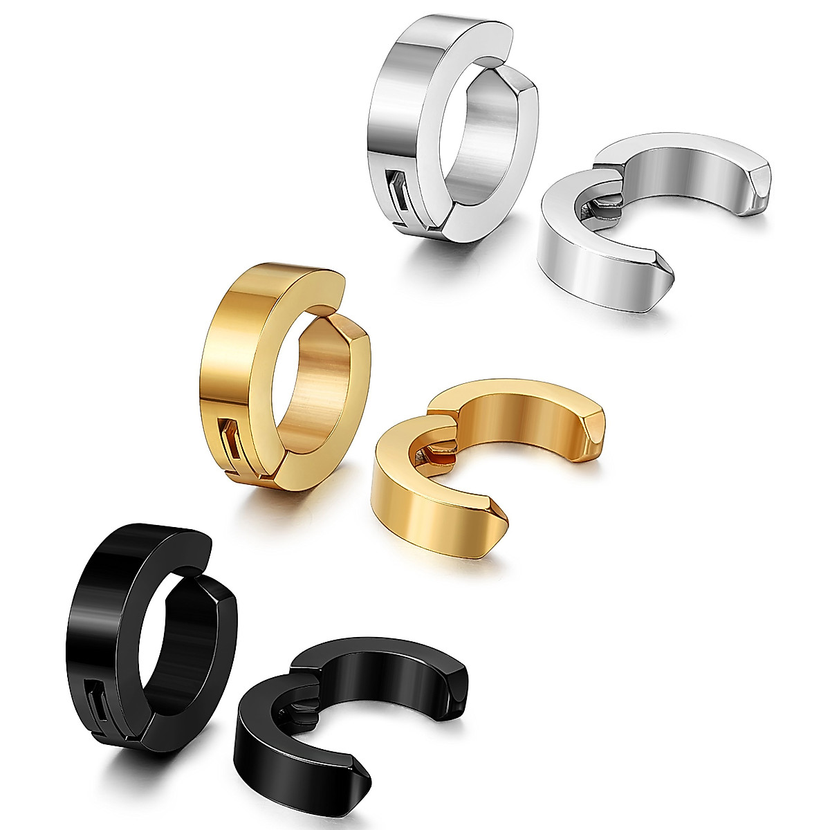 Jstyle Stainless Steel Mens Womens Clip On Earrings Hoop Huggie Non-Piercing 3 Pairs a Set