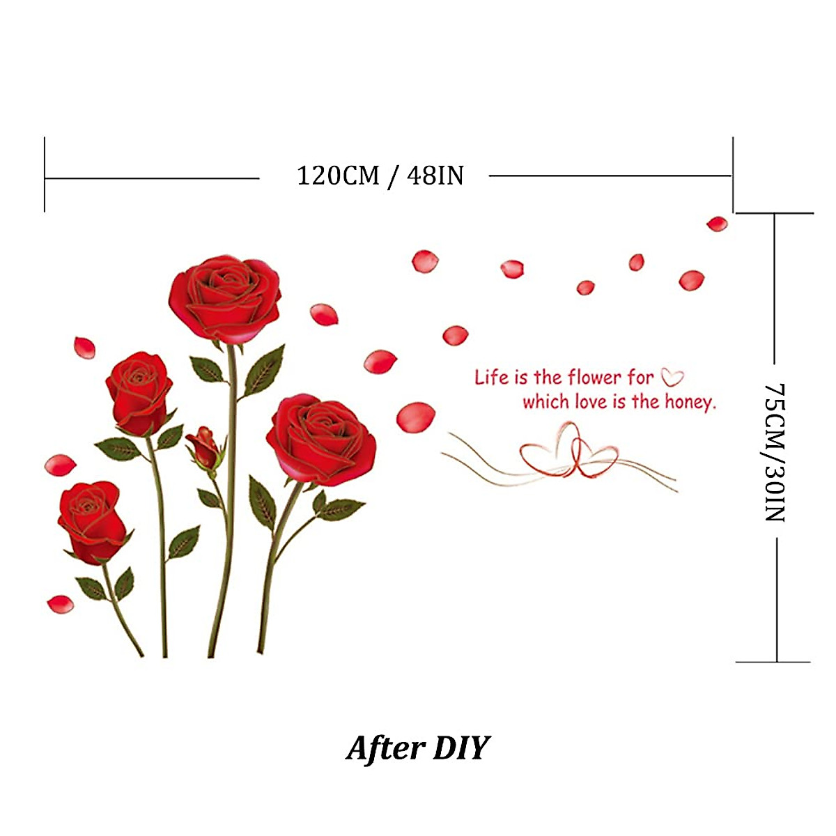 Flowers Rose Wall Stickers, Removable Romantic Wall Stickers Murals, Beautiful Red Rose Wall Decals for Living Room Bedroom TV Background Kids Girls Rooms Decoration (48 x 30inch)