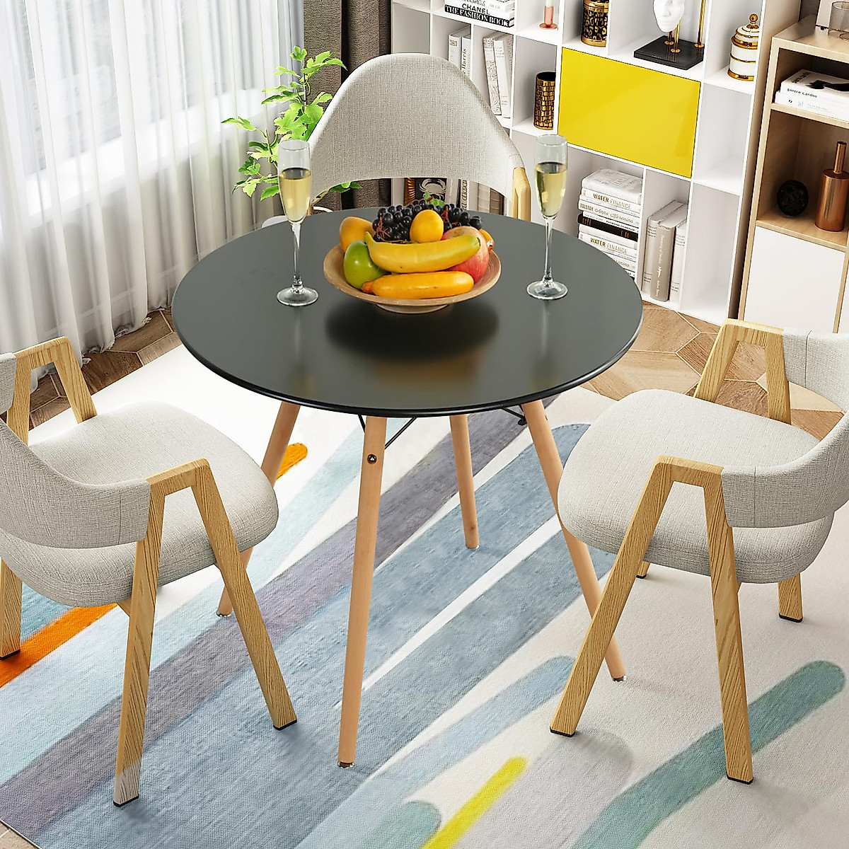 FurnitureR 31.5 Inch Modern Round Dining Table with Wooden Legs for Home Kitchen Living Room Corner Small Spaces Leisure, Black