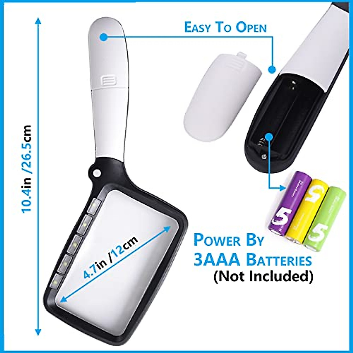 Folded Magnifying Glass with Light, 3X Handheld Large Magnifying Glass LED Lighted Magnifier for Seniors Reading, Soldering, Inspection,Jewelry, Exploring (Folding Handle)