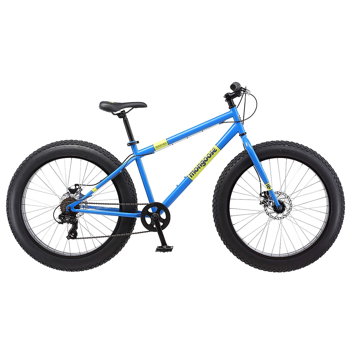 Mongoose Dolomite Fat Tire Mountain Bike, for Men and Women, 26 Inch Wheels, 4 Inch Wide Knobby Tires, 7-Speed, Adult Steel Frame, Front and Rear Brakes, Light Blue