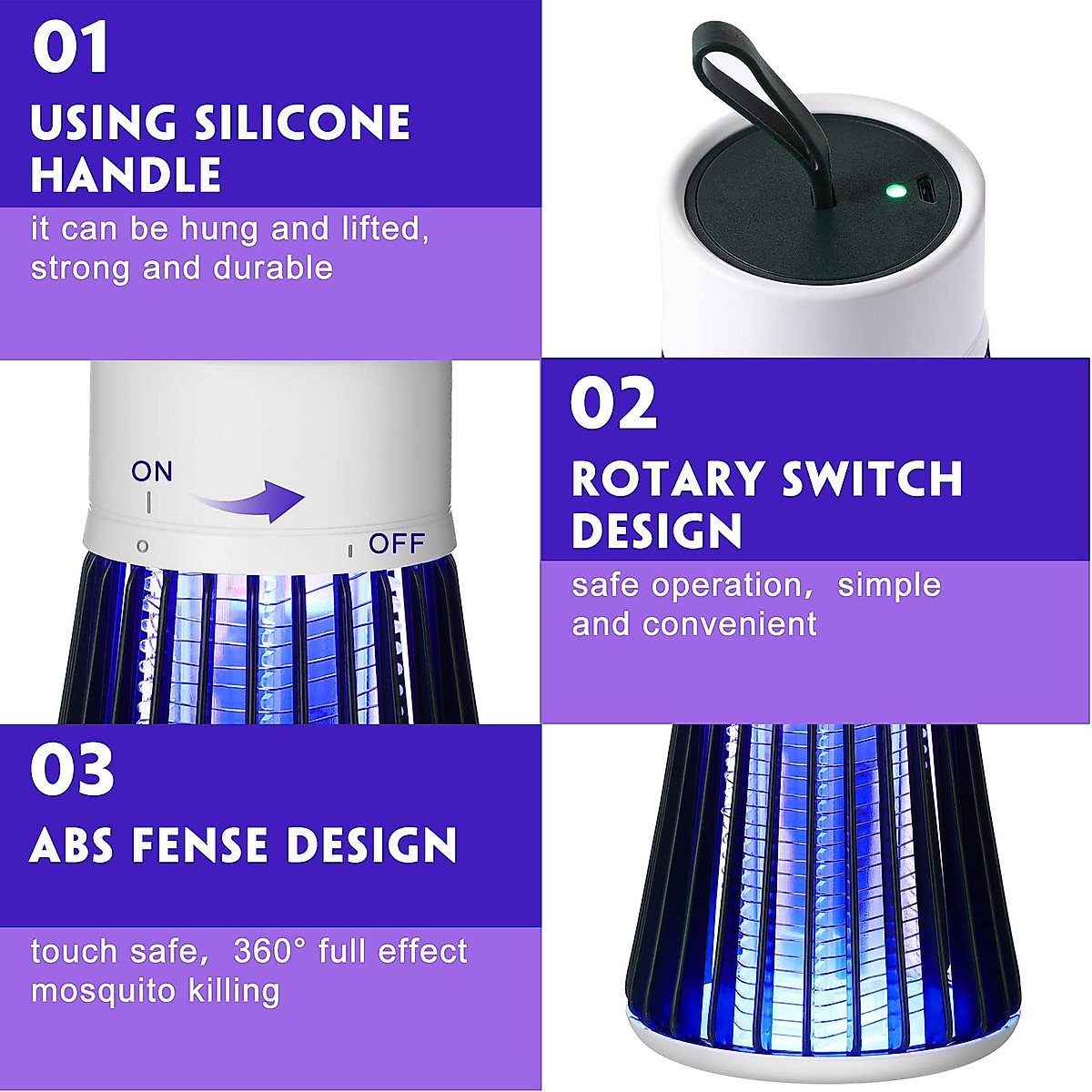 Kittmip 2 Pcs Electric Bug Zapper Bulk Rechargeable Mosquito Killer Fly Zapper Mosquito Trap Outdoor Portable Mosquito Lamp with USB and Hanging Loop for Home Camp Insect, Up to 6 Hours of Battery