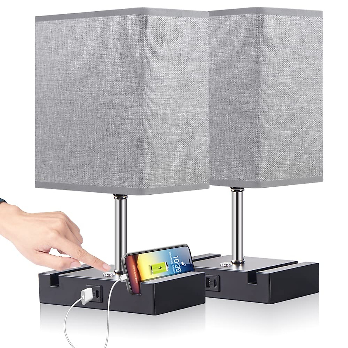 lifeholder Fully Dimmable Table lamp, Lamps with Two Phone Stands and AC Outlet, Bedside Lamp with Two LED Bulb for Bedroom, Living Room,Study(Set of 2) Light Grey