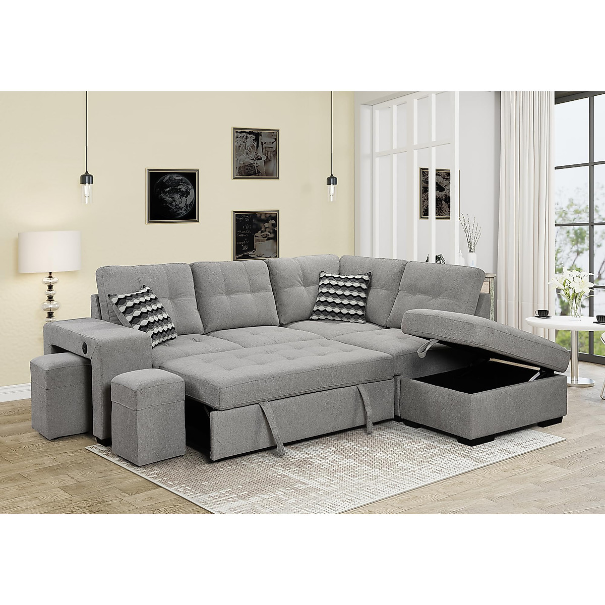 Familymill 100'' Modern Upholstered Fabric L-Shaped Convertible Corner Sectional Sofa Bed, Pull-Out Sleeper Sofa Bed with Storage Ottoman, USB Ports, and 2 Stools (Light Gray, L Shaped)