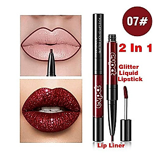 evpct 7Pcs Pink Red Glitter Matte Lip Liner and Liquid Lipstick Set Kit Long Lasting, Matte to Lip Glitter Metallic Dark Red Sparkle Sparkly Glossy Permanent Liquid Lipsticks Lip Gloss Set for Women