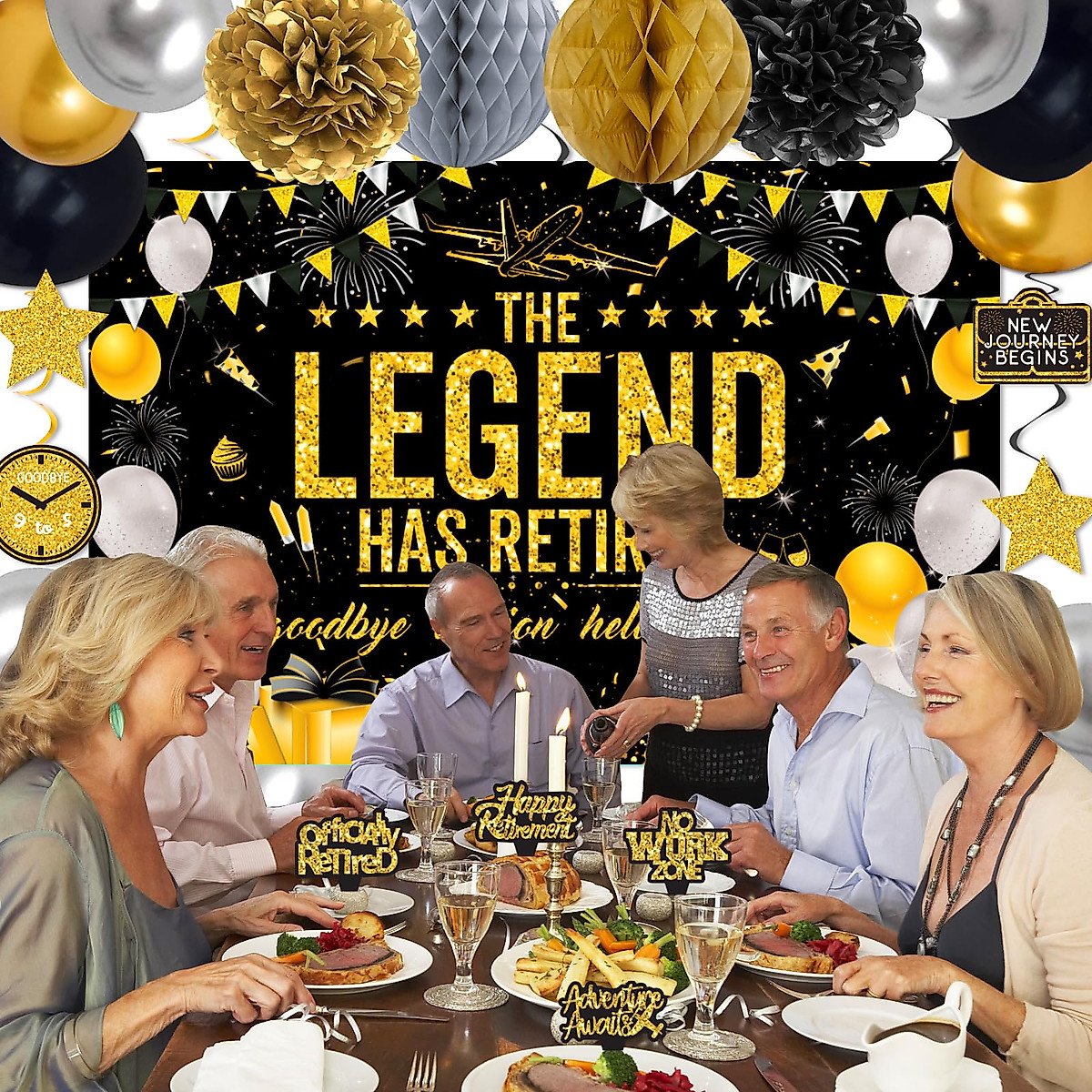 Retirement Party Decorations Men Women, Black Gold Happy Retirement Decorations, Happy Retirement Banner, Retired Backdrop, Balloons, Pompoms, Hanging Swirls, Retirement Card, Cake Topper Set 54pcs