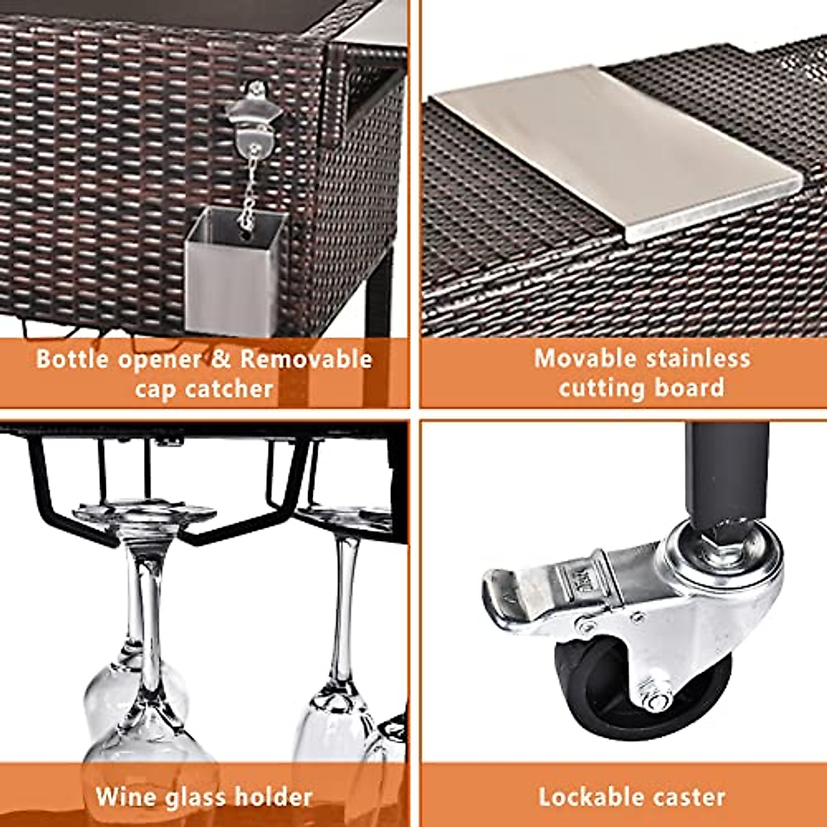 OKIDA Rolling Wicker Cooler Cart Outdoors, 80 Quart Ice Chest with Bottle Opener, Portable Beverage Bar for Patio Pool Party, Rattan Cooler Trolley with Stainless Cutting Board and Waterproof Cover