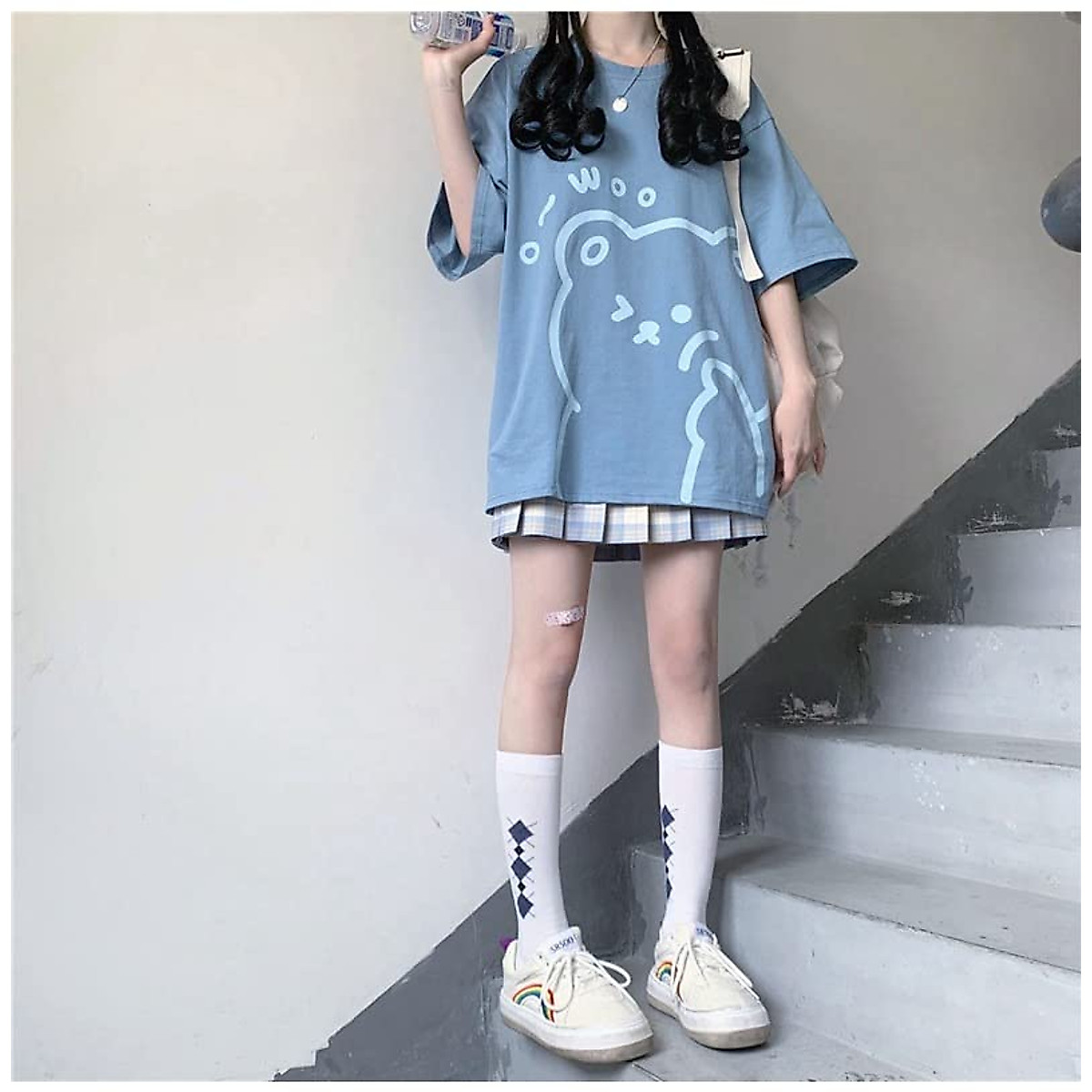 Tyadorw Women's Aesthetic Kawaii Bear Graphic Tee - Japanese Streetwear Harajuku Oversized T-Shirt (Blue, Medium)