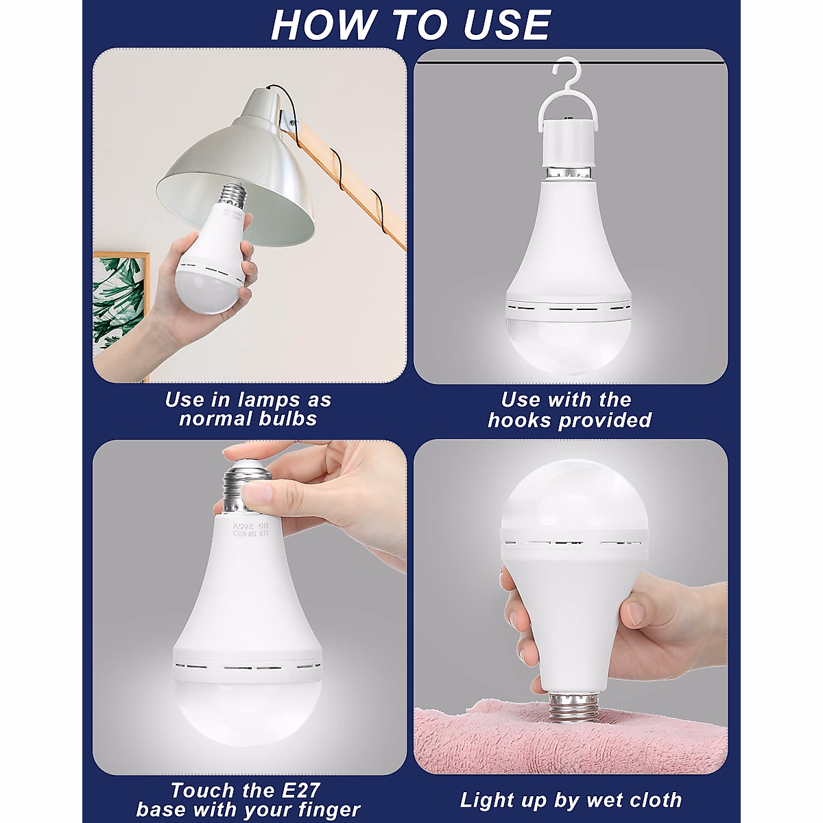 Mudder 12 Pcs 15W Rechargeable Emergency LED Bulb Battery Backup Emergency Light 1200mAh Battery Operated Light Bulb for Power Outage Home Outdoor Activity Camping Hurricane, 7000K Daylight, E27 Base